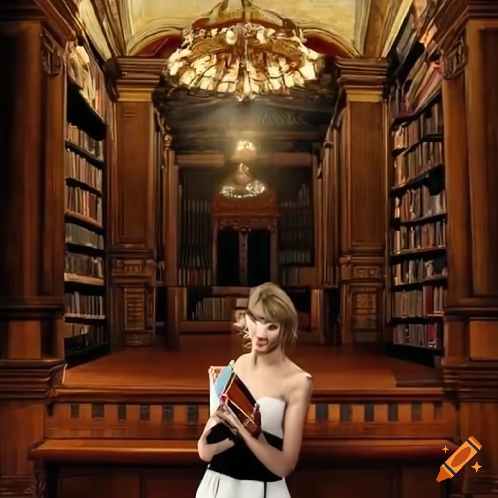 Taylor Swift reading a novel in a library on Craiyon