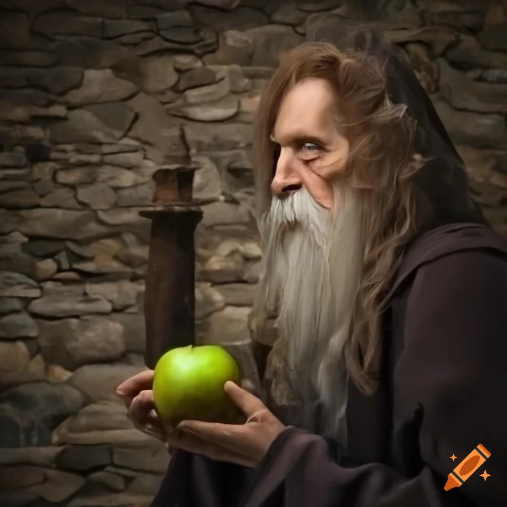 Digital artwork of a wizard with a green apple head