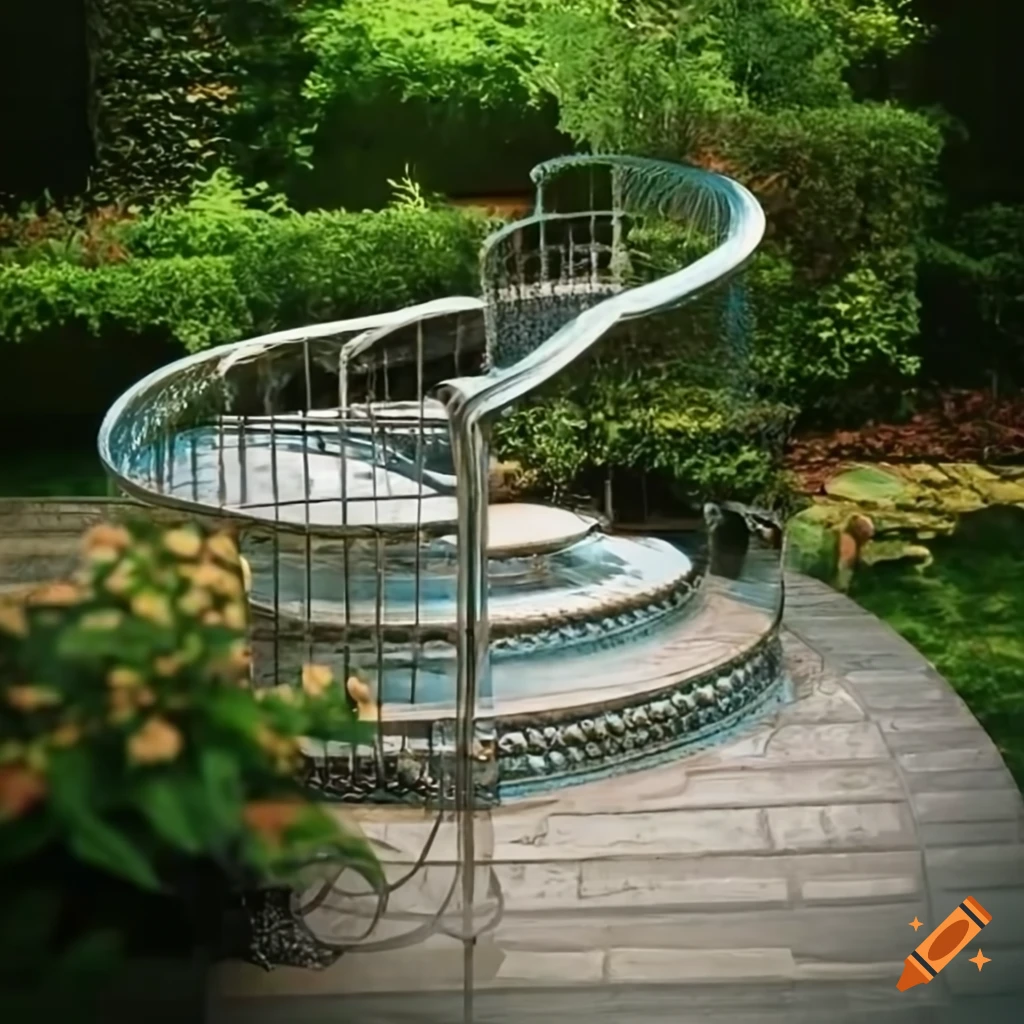Silver curved stairs in a garden leading to a balcony on Craiyon