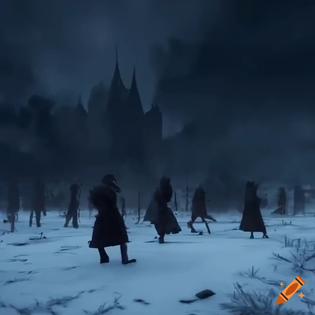 Intense sword fight scene in a stormy winter landscape