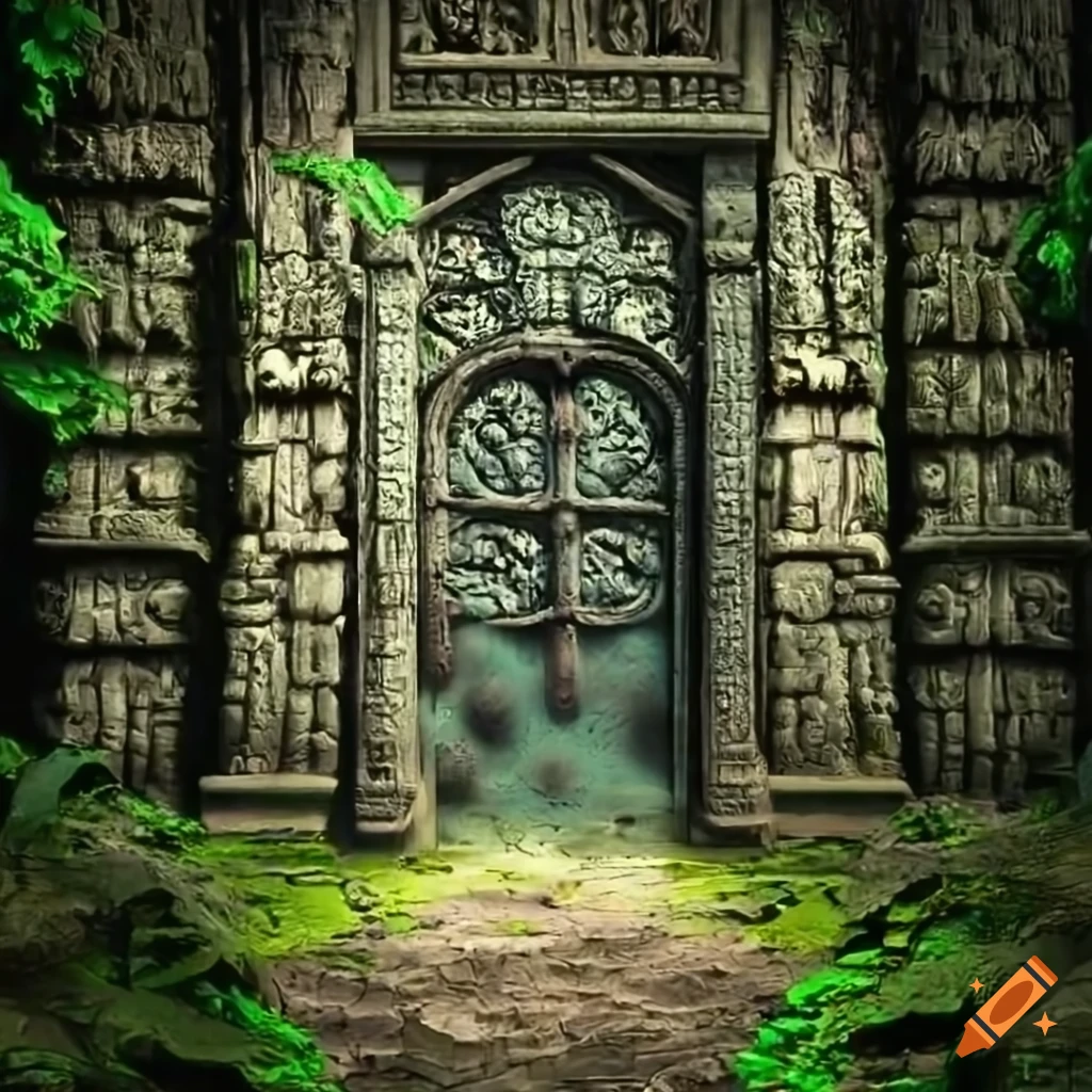 Image of a gothic-maya stone door in the jungle on Craiyon