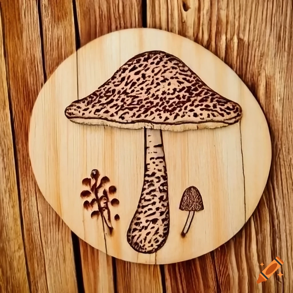 Pyrography design of a mushroom on wood on Craiyon