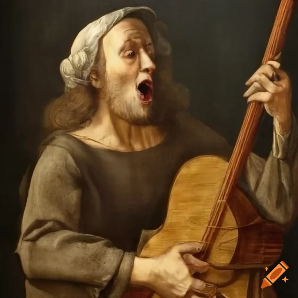 Engraving of a medieval bard singing