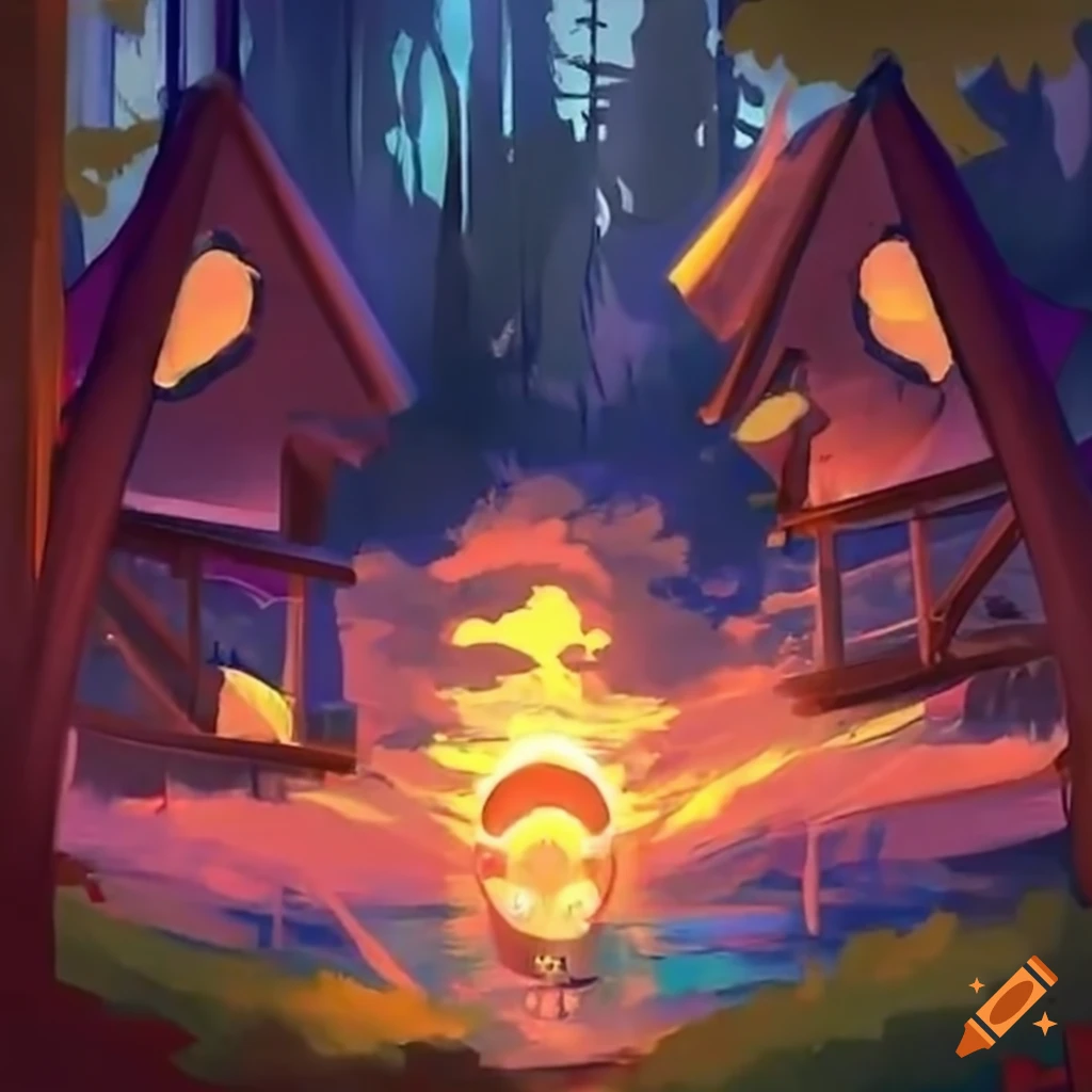 Fireflies glowing in the night at a summer camp on Craiyon