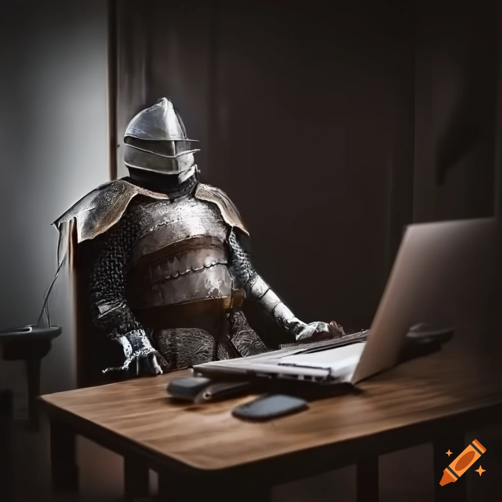 Humorous illustration of an angry knight using a computer on Craiyon