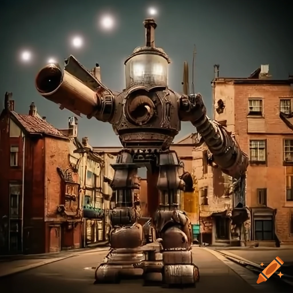Steampunk robot with a city on its back on Craiyon