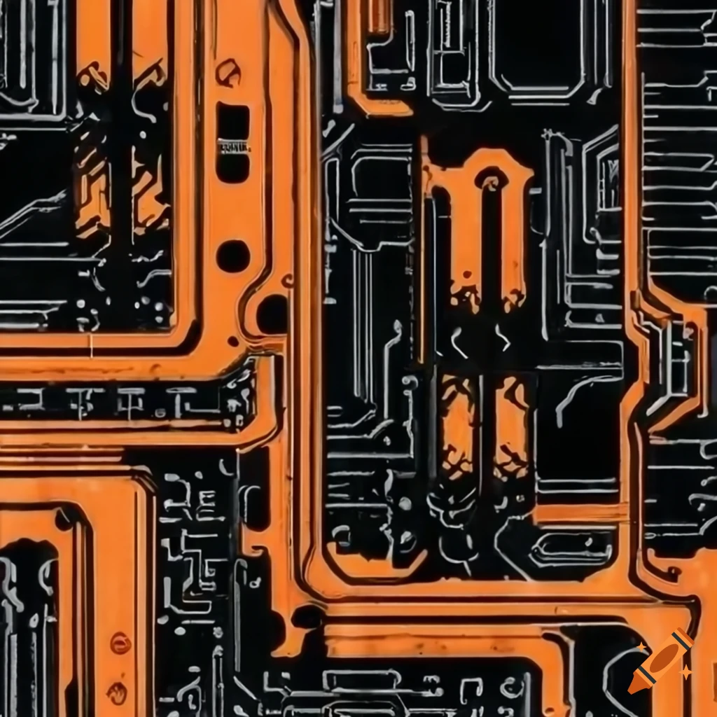 Abstract printed circuit board artwork in black and orange on Craiyon
