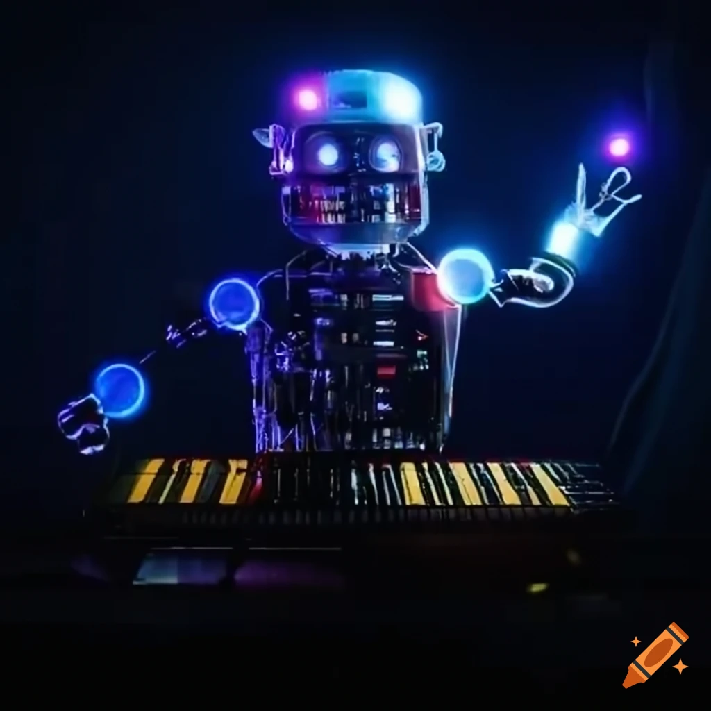 Artistically lit robot monster playing synthesizer