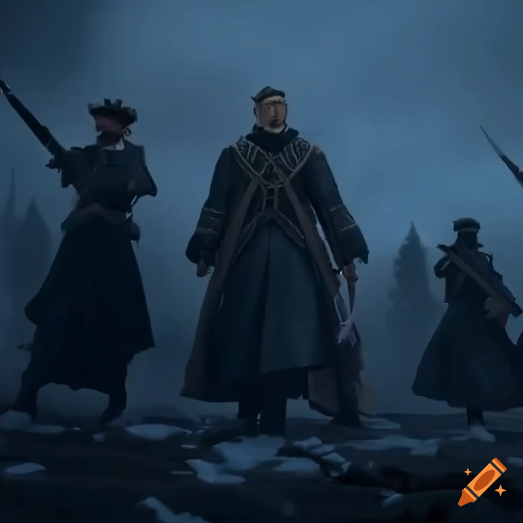 Intense sword fight scene in a stormy winter landscape on Craiyon