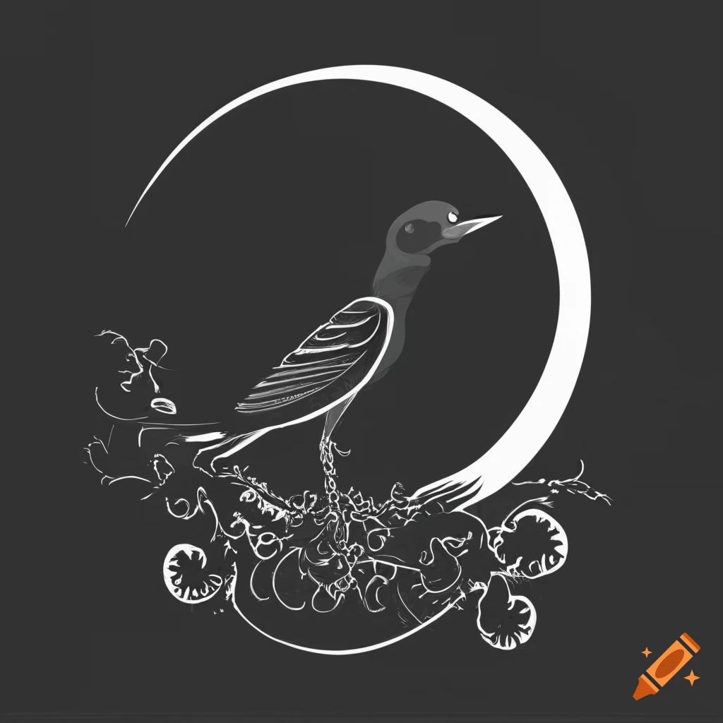 Minimalistic black and white vector art of a bird on a crescent moon on ...