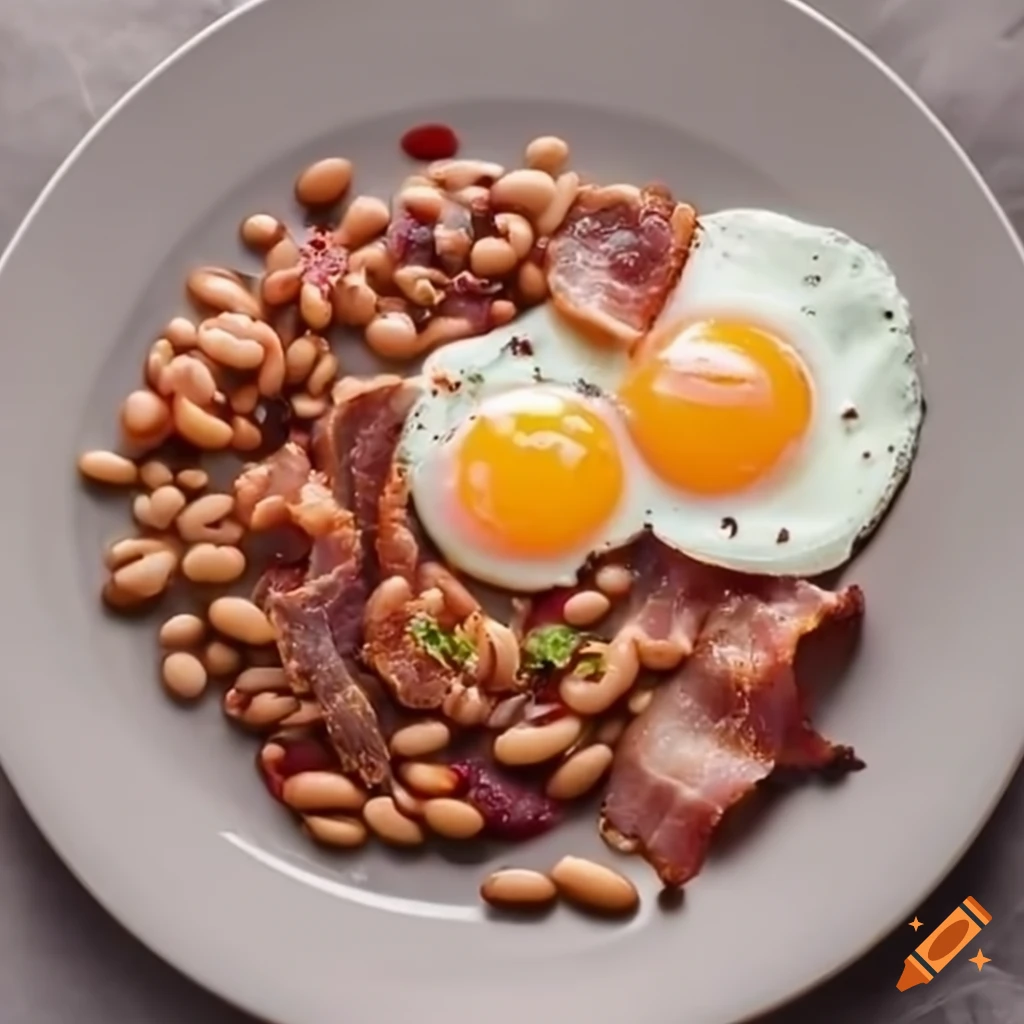 Hardboiled eggs, baked brown beans, and beer on Craiyon