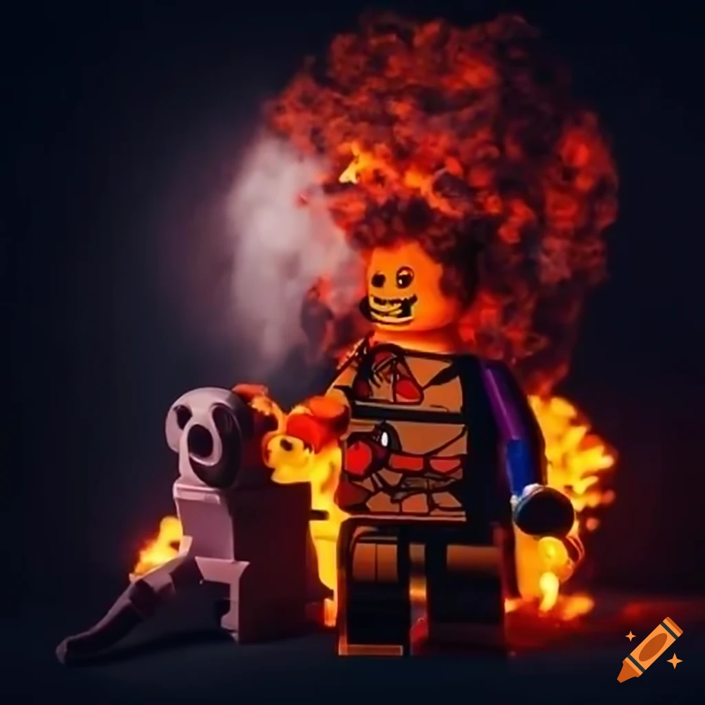 Halloween-themed lego puppets in fiery explosion on Craiyon