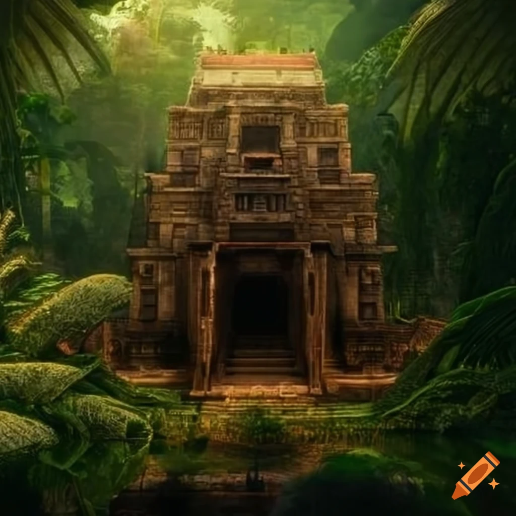 Gothic-aztec hybrid temple, surrounded by exotic jungle on Craiyon