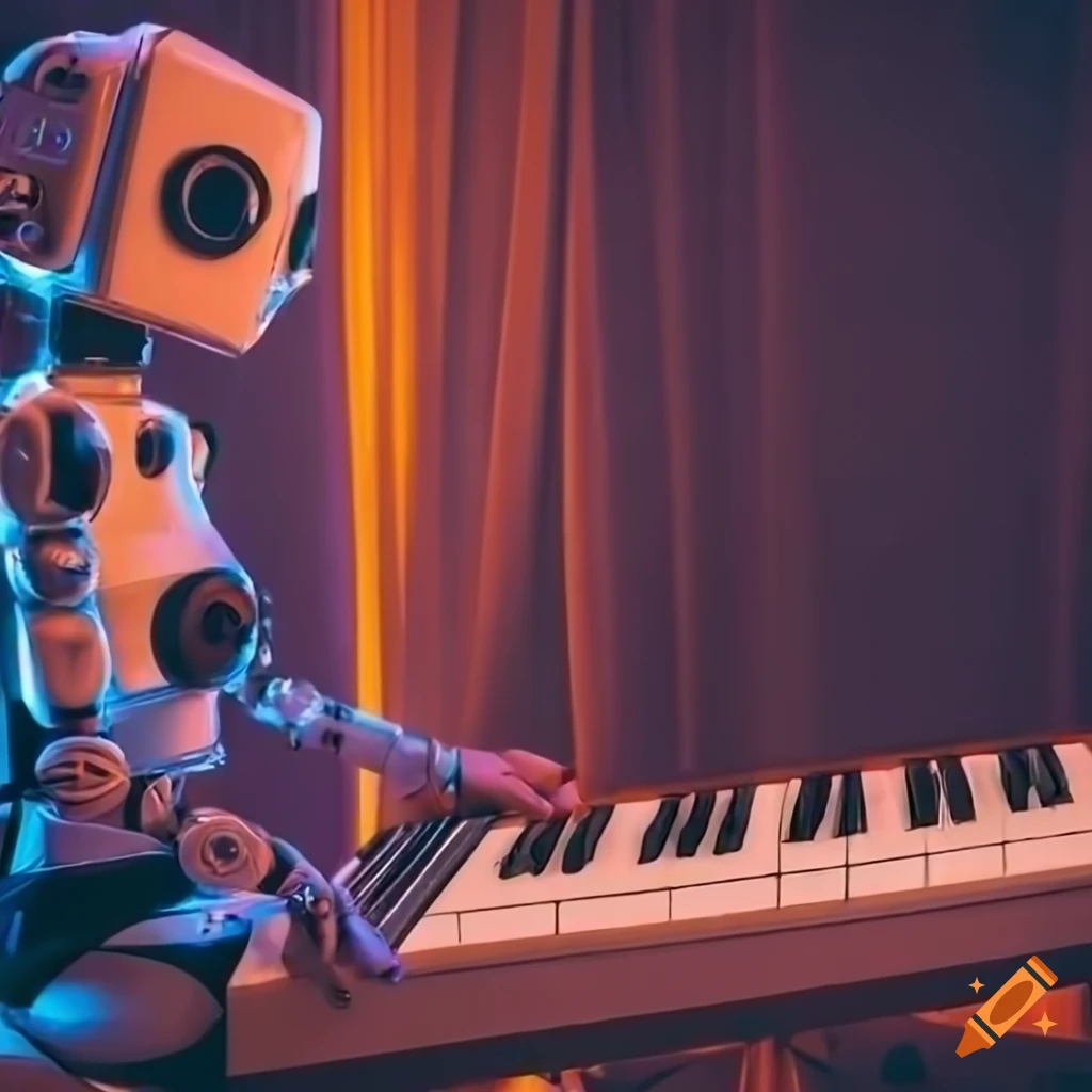 Illuminated synth with a robot playing on Craiyon