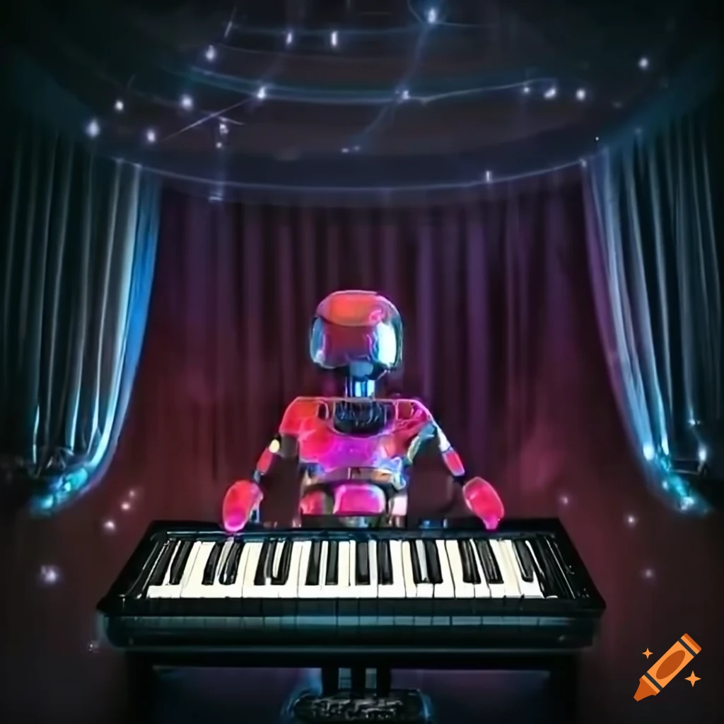 Colorful stage lights illuminating a robot musician playing the synth ...
