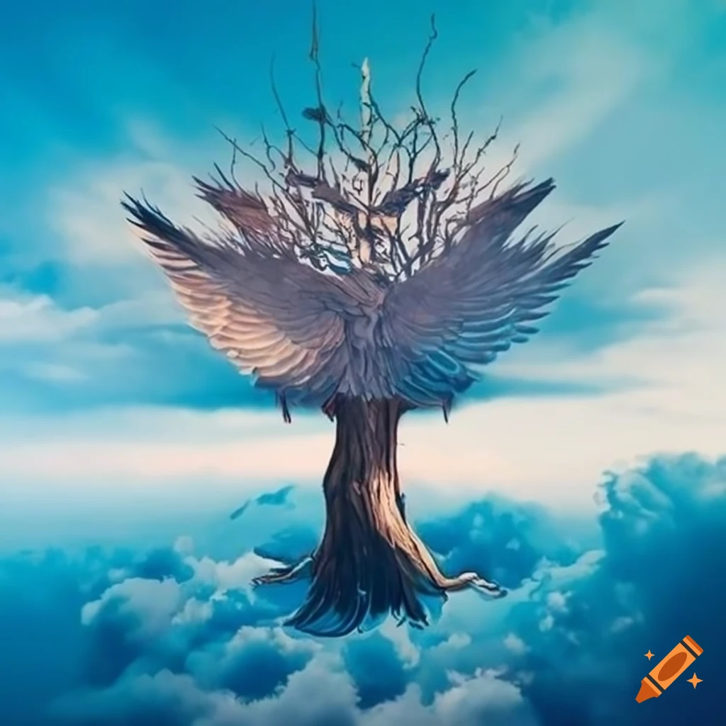 Artwork of a tree with wings flying in the sky on Craiyon