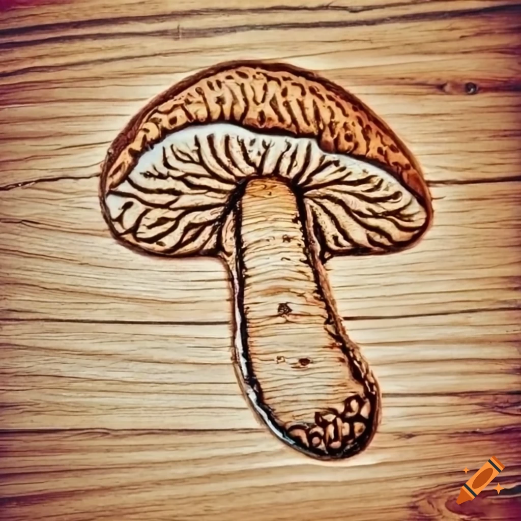 Pyrography design of a mushroom on wood on Craiyon