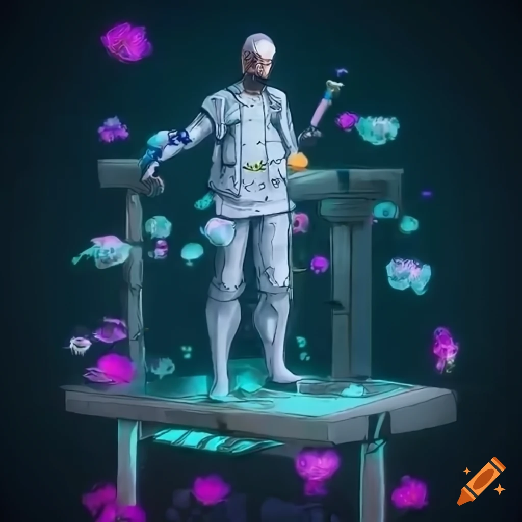 Cyberpunk scientist surrounded by DNA and floating objects on Craiyon