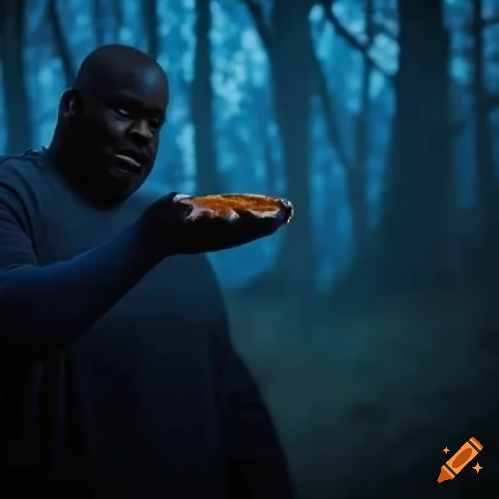 Celebrity eating pie in the woods at night on Craiyon