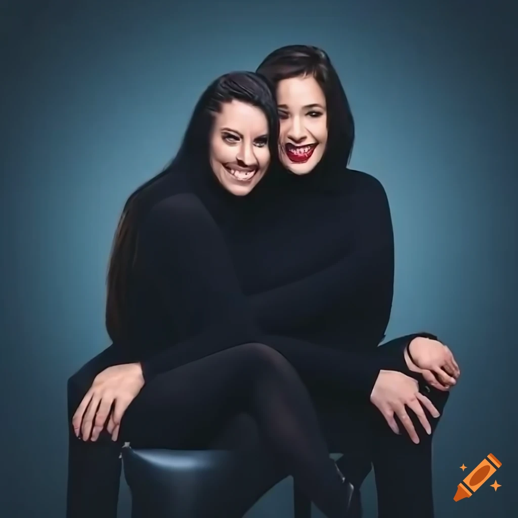 Promotional photo of two women instructors hugging in black turtlenecks ...