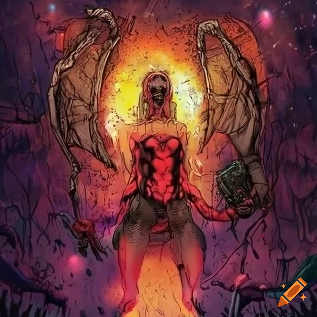 Comic book art of villain fusion with elementary particles on Craiyon