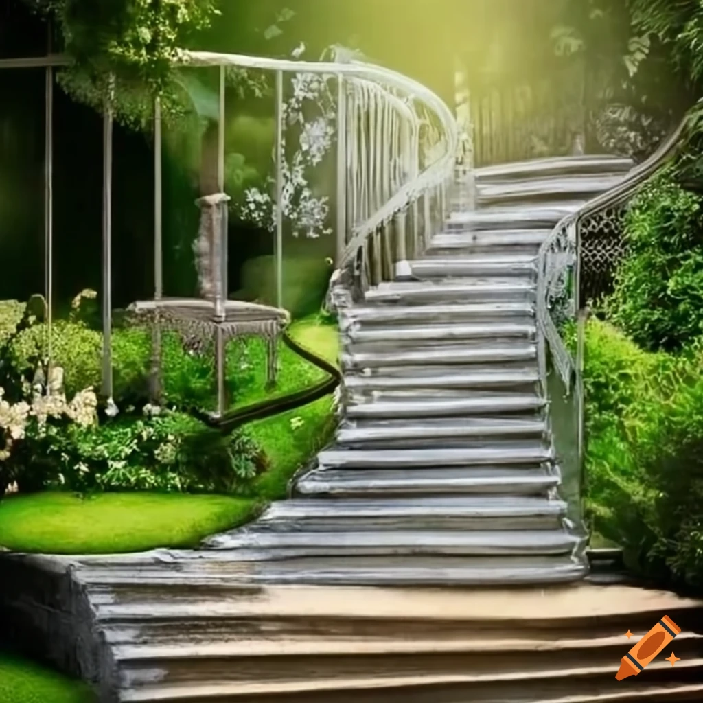 Curved silver stairs leading to a balcony in a garden on Craiyon