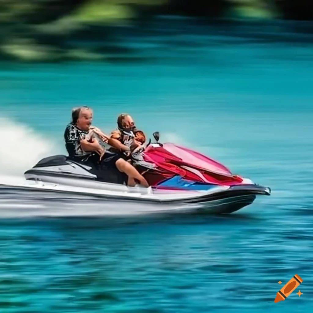 Humorous illustration of a pork chop riding a jet ski