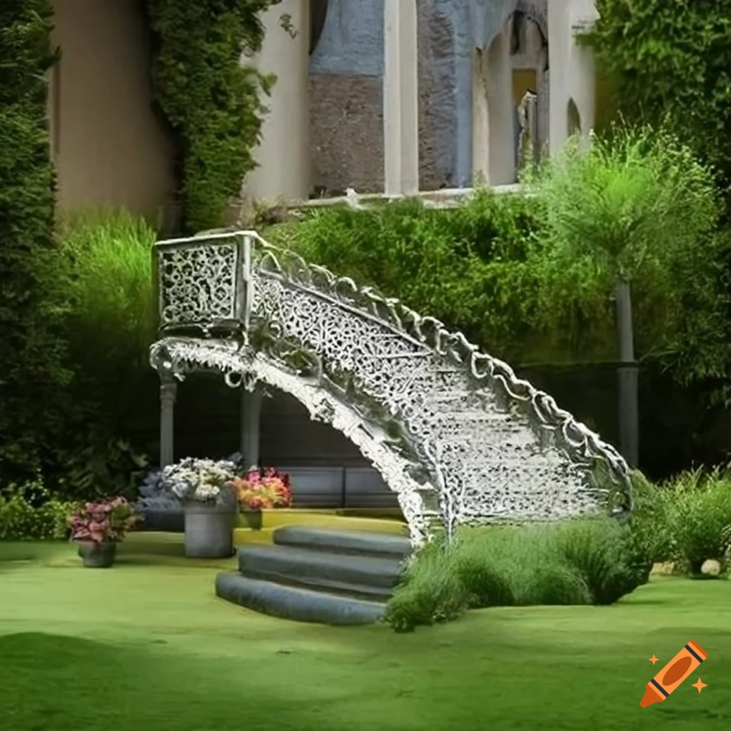 Ornamental silver staircase in a garden leading to a balcony on Craiyon