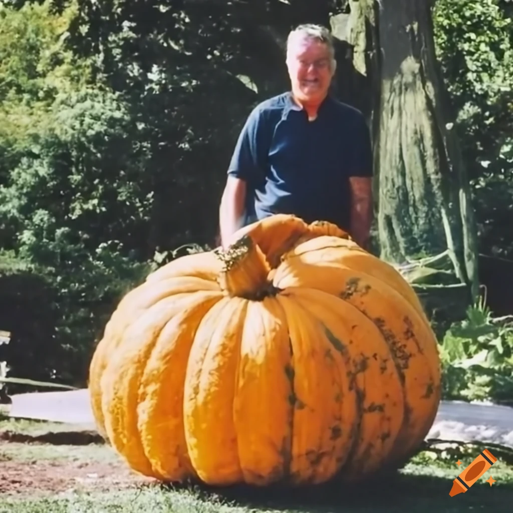 Man standing next to a giant pumpkin on Craiyon