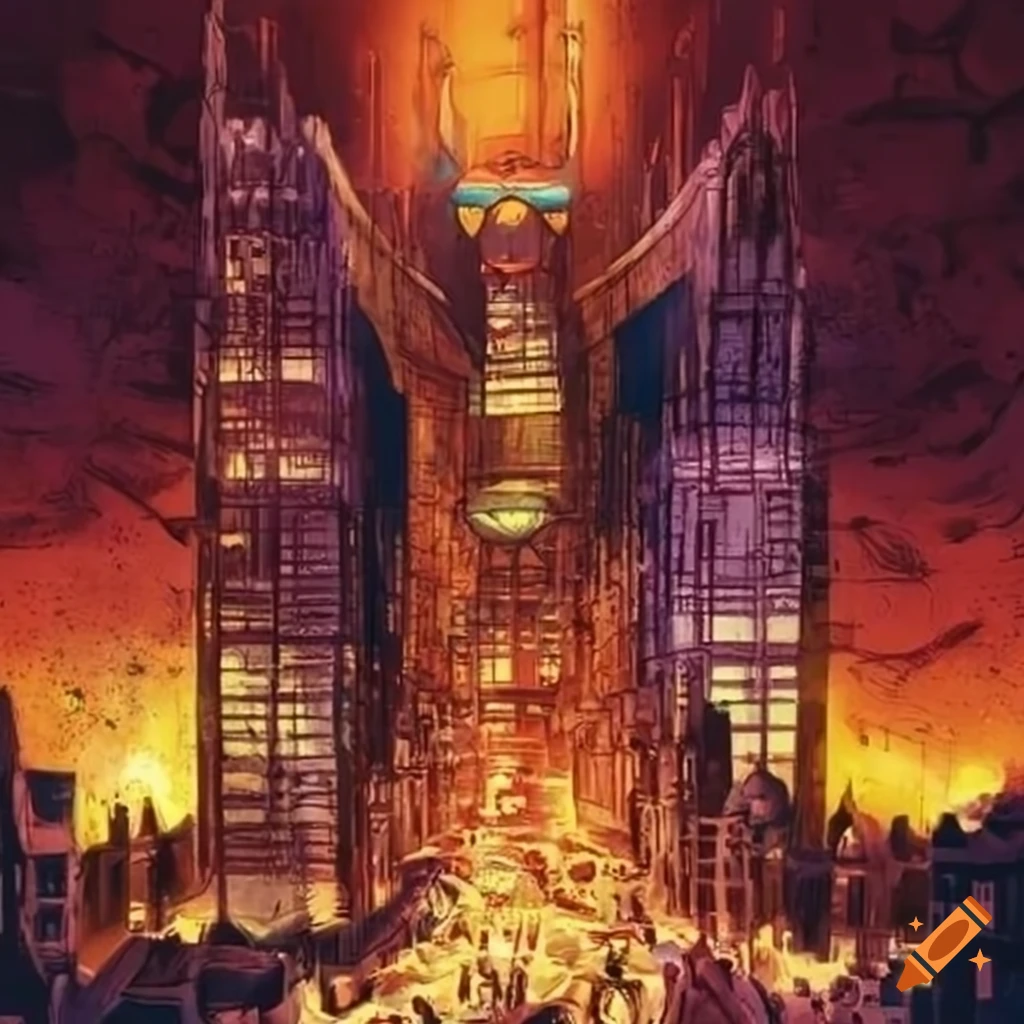 Comic art of a bustling city with many people