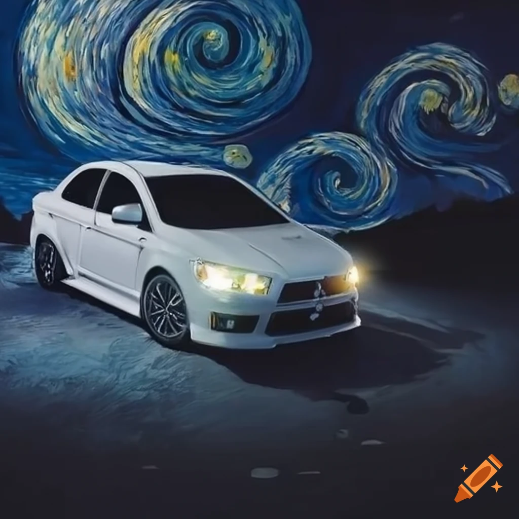 Van gogh style painting of a white mitsubishi lancer under a starry ...