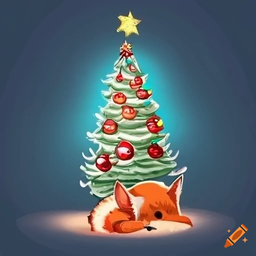 Cartoon art of a fox with a christmas tree