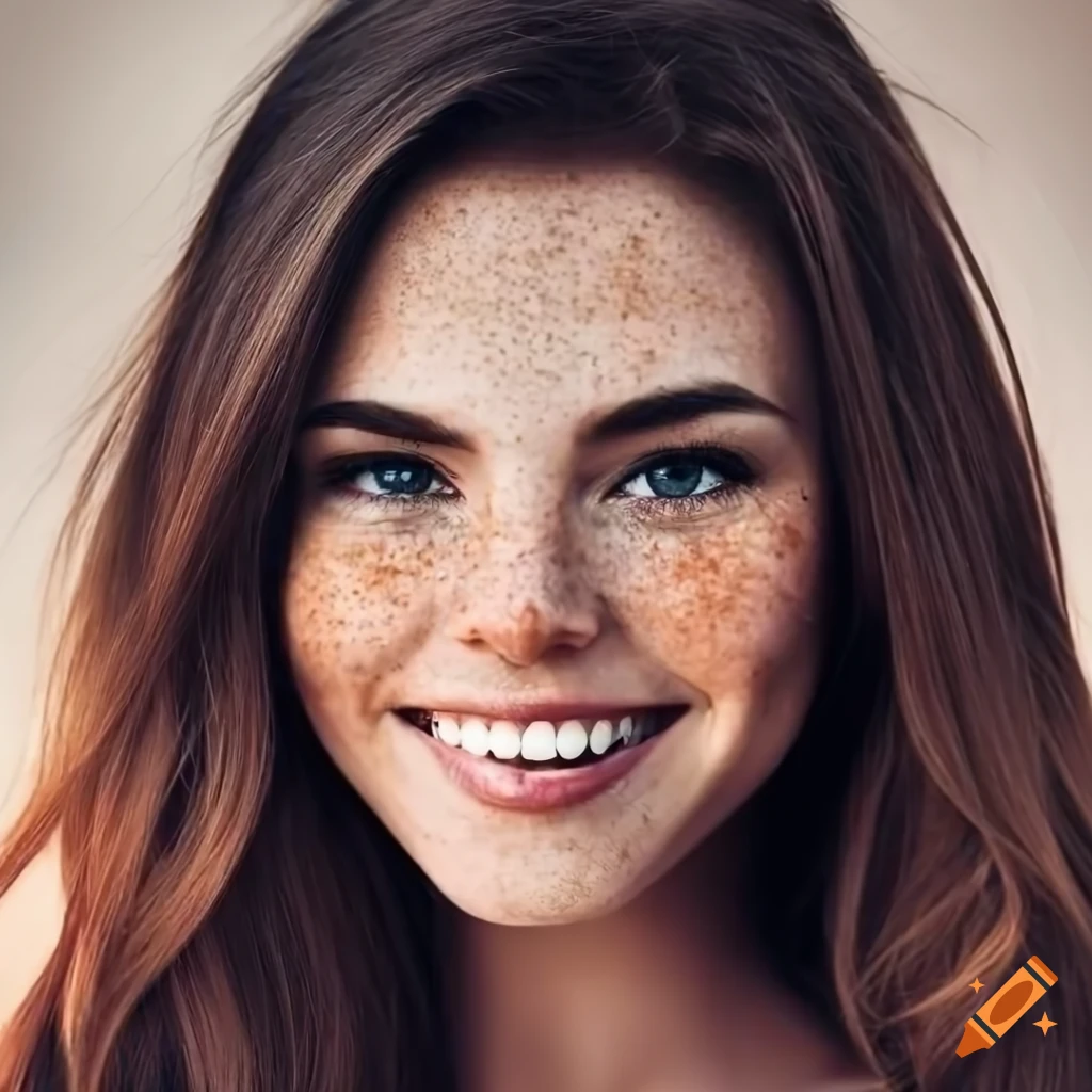 Portrait of beautiful woman with freckles and dark brown hair on Craiyon