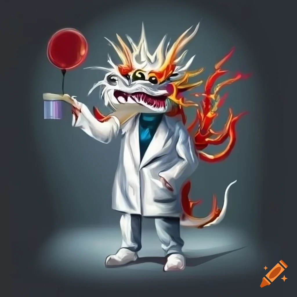 Cartoon mascot with scientist body and dragon head on Craiyon