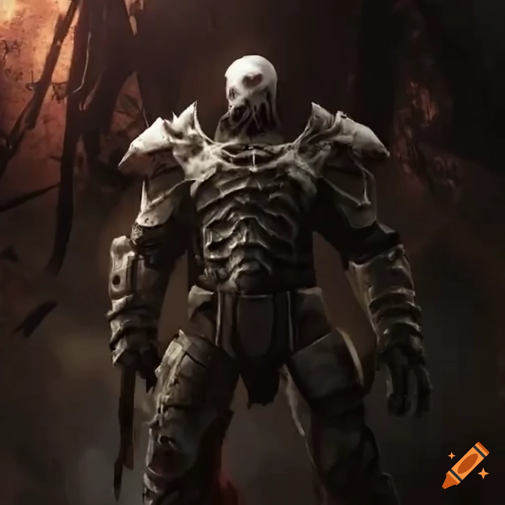 Dark sinister power armor in a creepy enclave on Craiyon