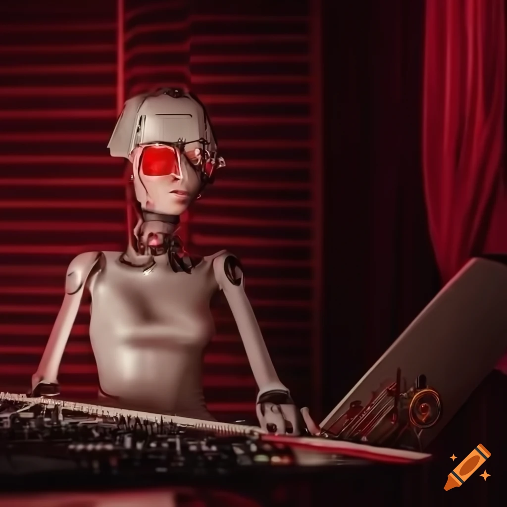 Image of a three-armed alien robot playing a futuristic synthesizer on ...