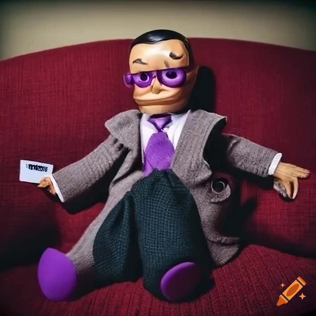 Detailed image of a ventriloquist dummy wearing a sweater and purple ...