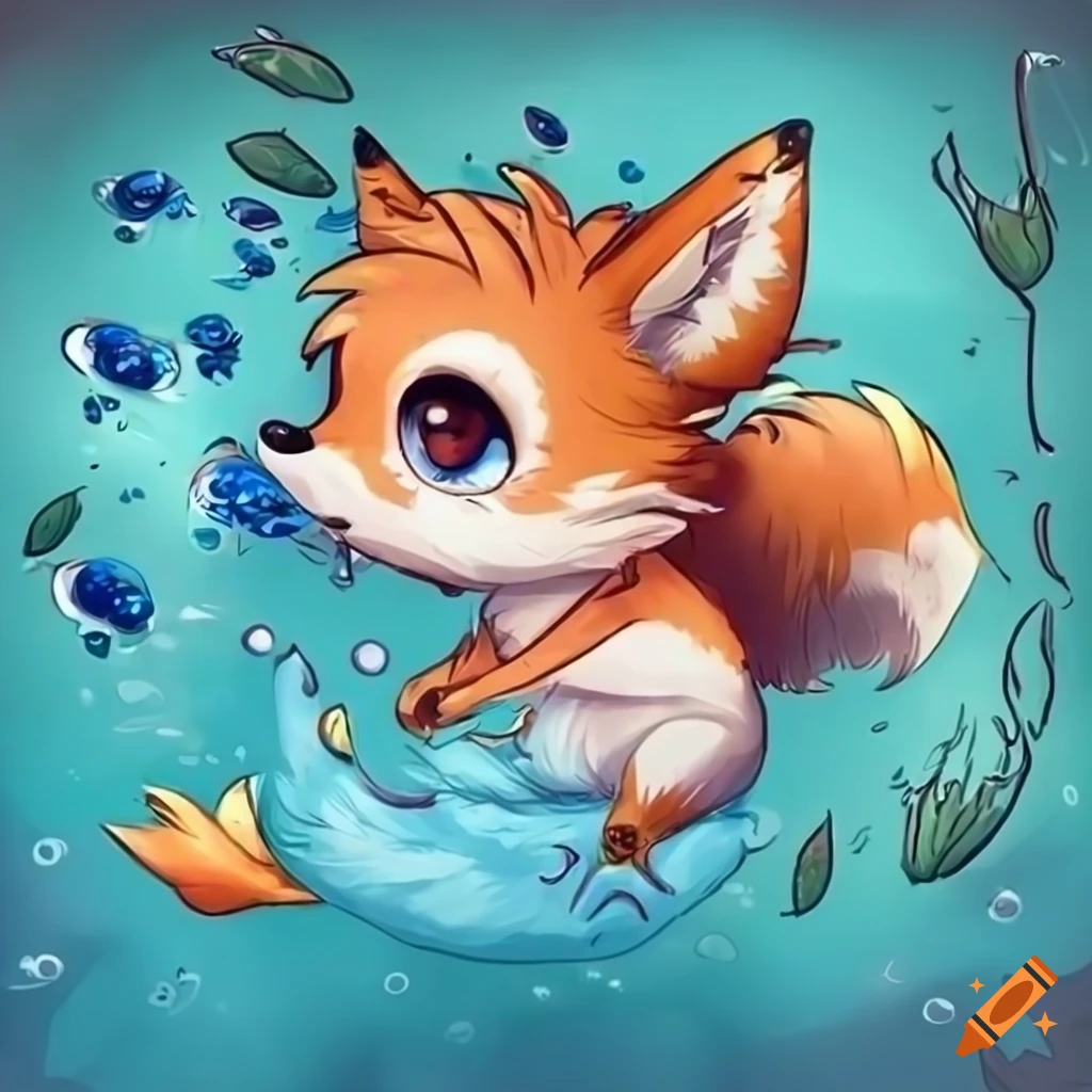 Artwork of a chibi fox underwater on Craiyon
