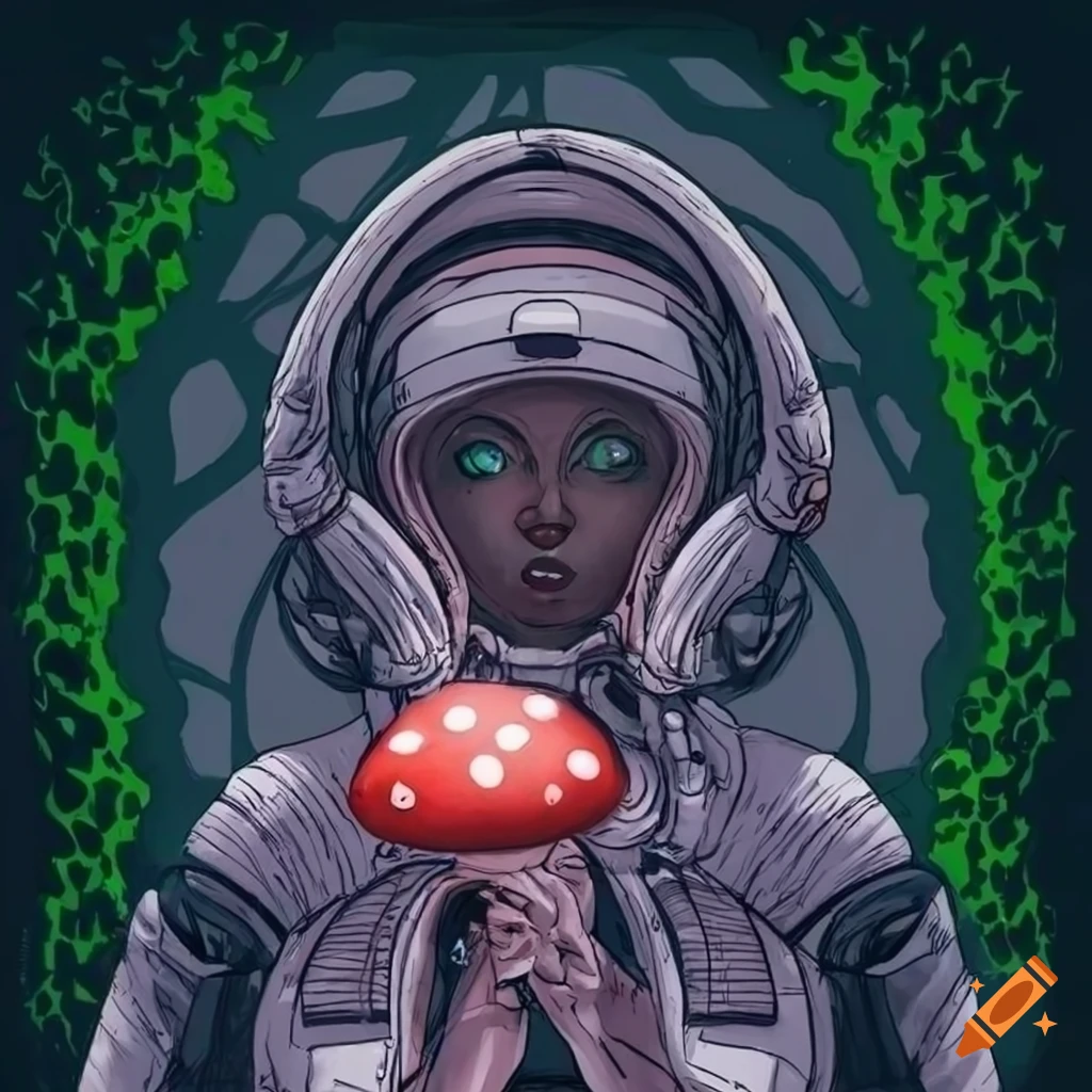 Illustration of a female wolf astronaut with magic mushroom in an alien ...