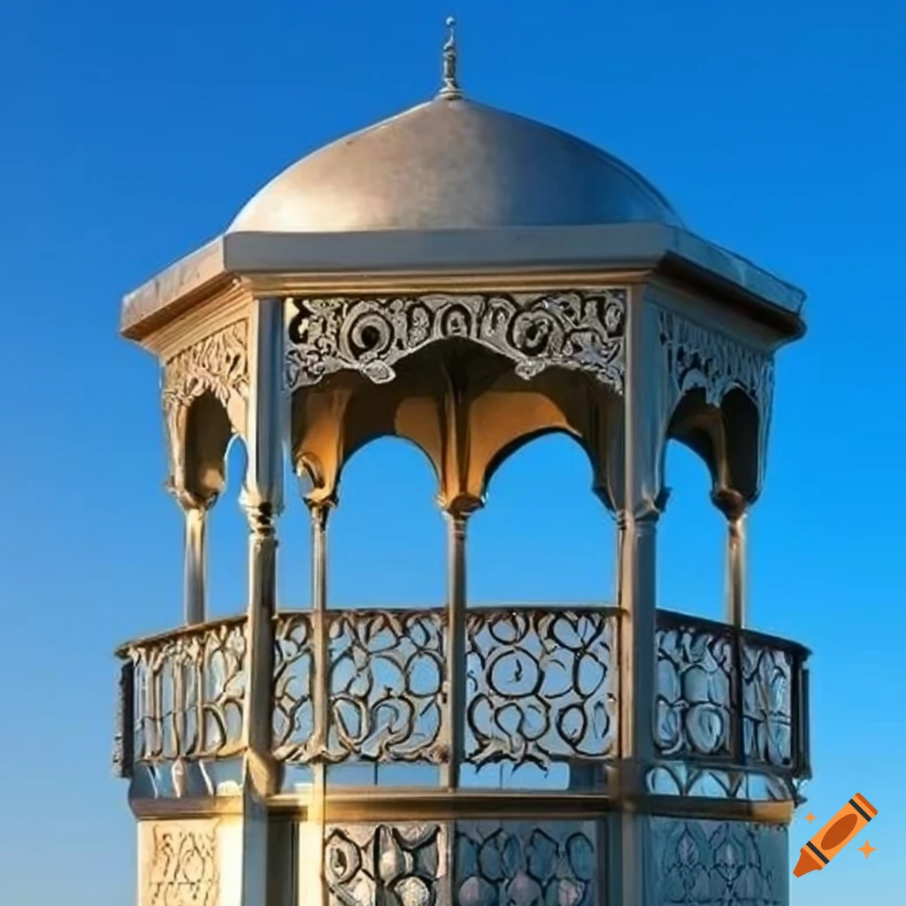 Sky blue islamic gazebo with a silver fountain on Craiyon