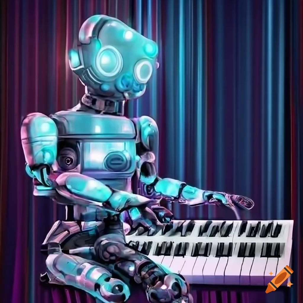 Futuristic robot playing a synthesizer