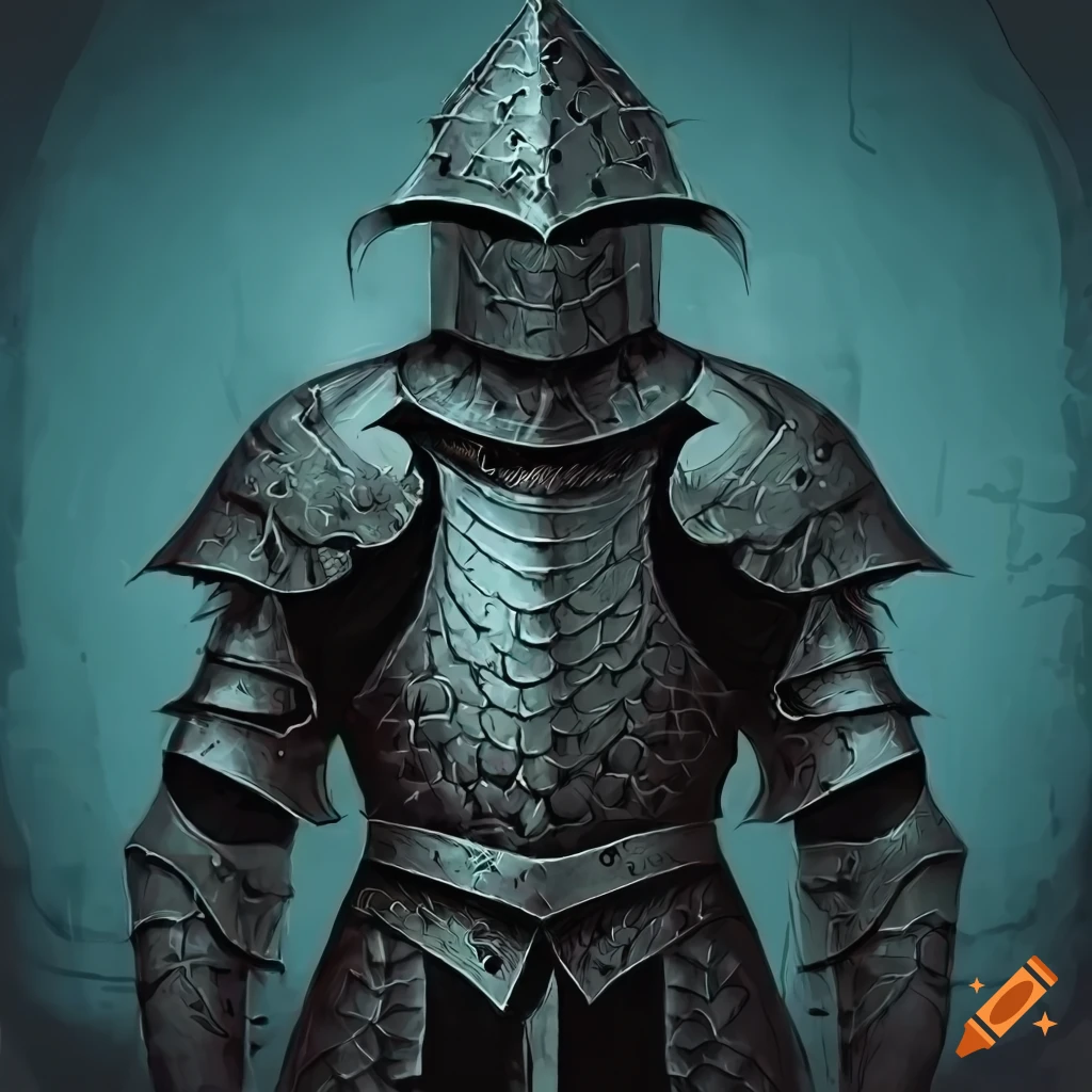 Dark fantasy art of a knight with fish scale armor near the ocean on ...