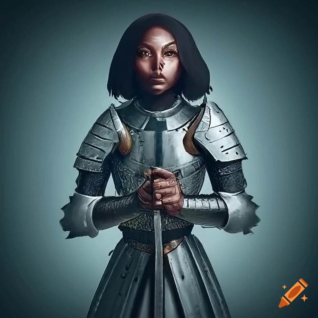 Image of a powerful black female warrior in white armor on Craiyon