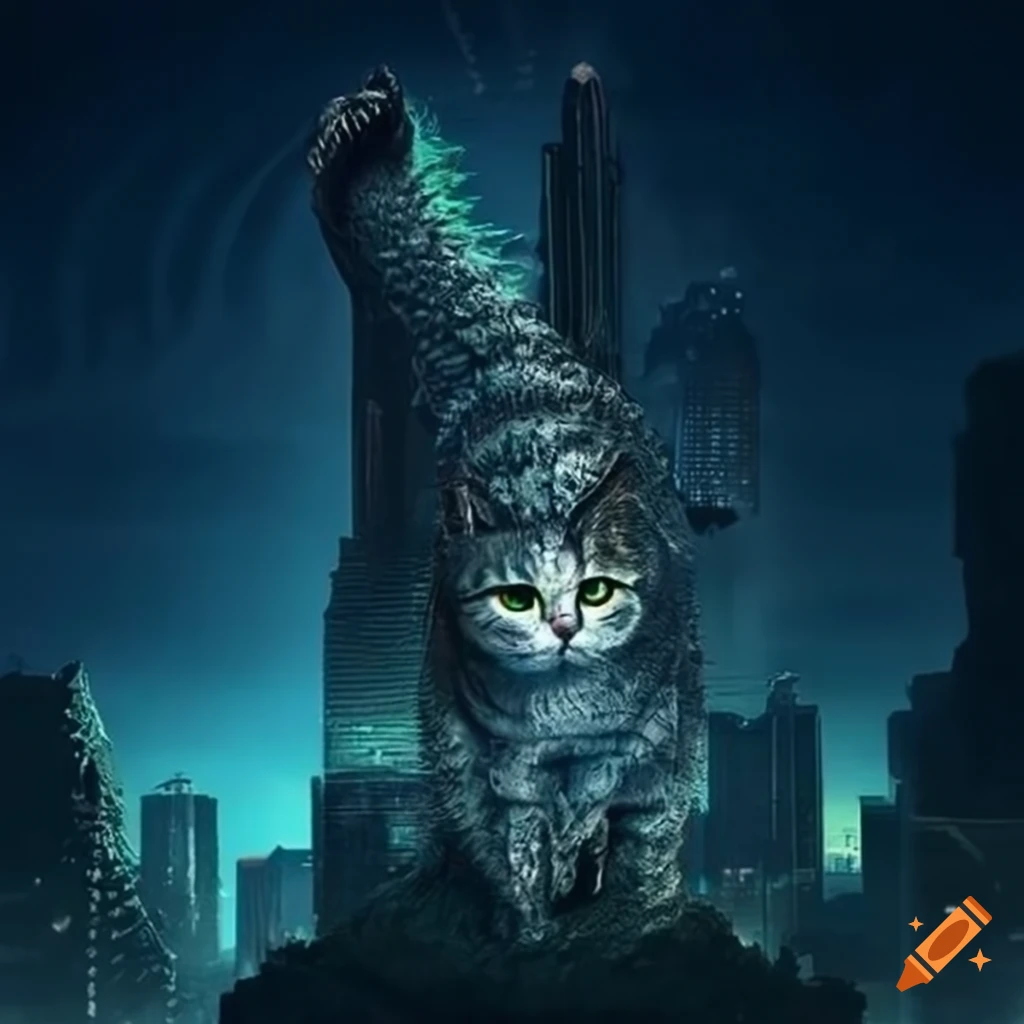 Surreal artwork of a cat with a godzilla body in a futuristic city on ...