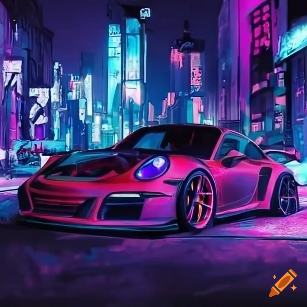 Cyberpunk Porsche gt3rs leaving downtown on Craiyon