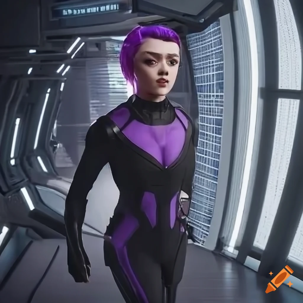 Maisie Williams in a purple-haired sci-fi outfit on a futuristic skyscraper rooftop on Craiyon