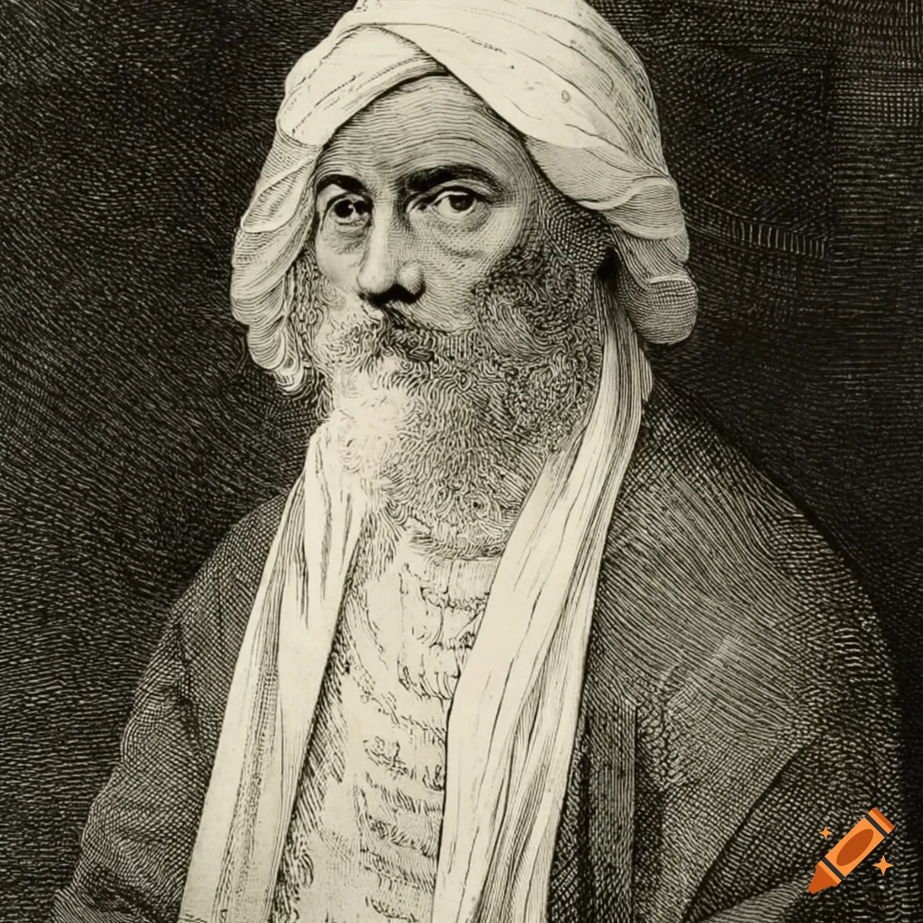 Vintage engraving of an american blonde man with a muslim ruler on Craiyon