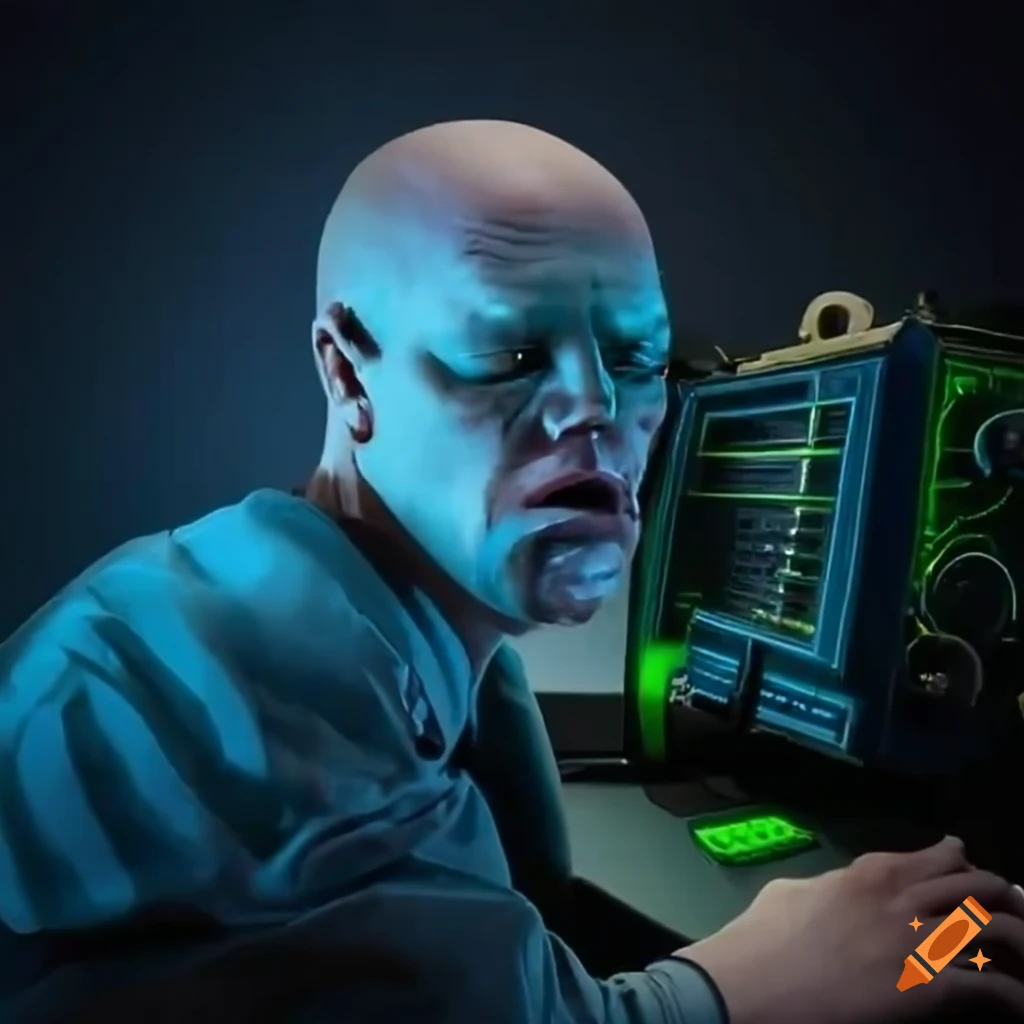 Man crying in front of a computer and oscilloscope on Craiyon