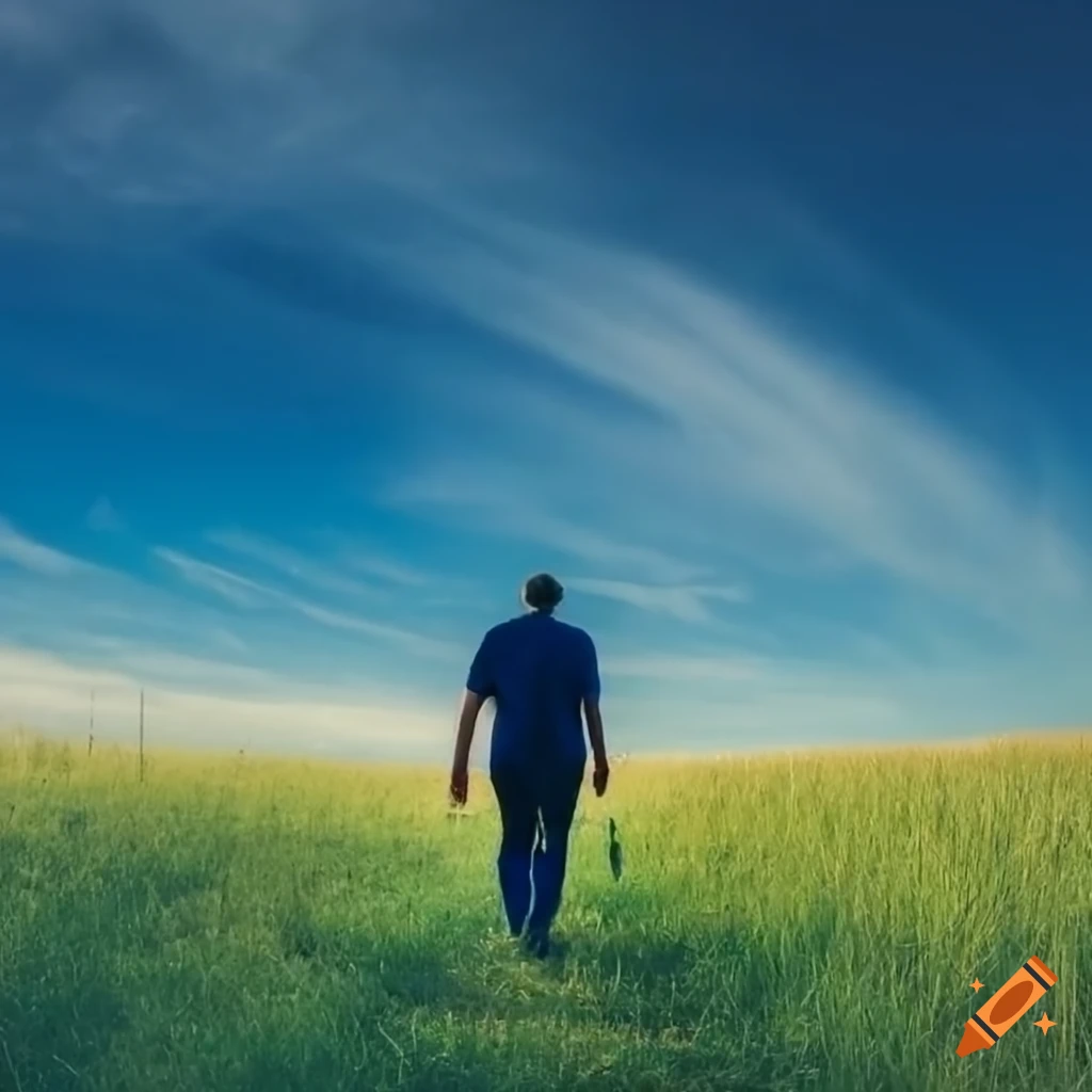 Man walking on grass under blue sky on Craiyon