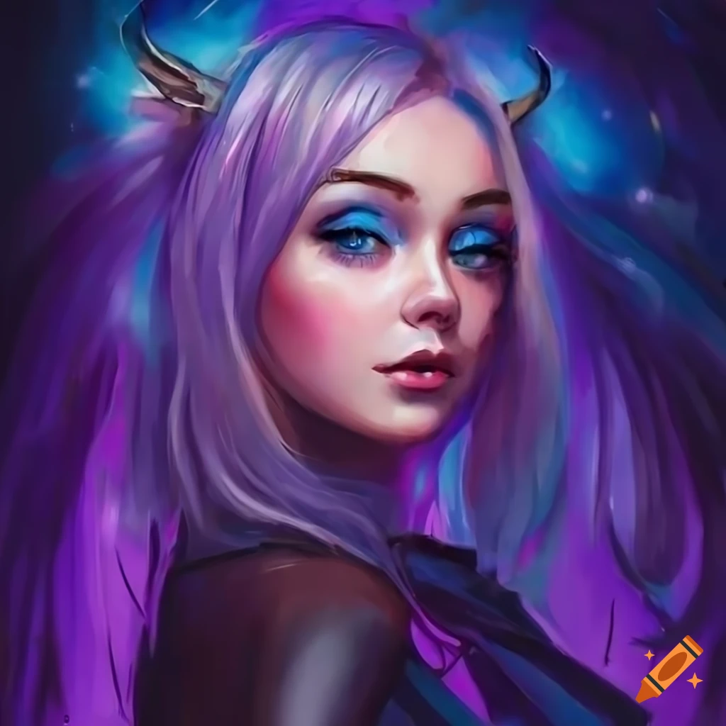 Friendly demon kid with blue and purple hair, blue horns, and a cosmic ...
